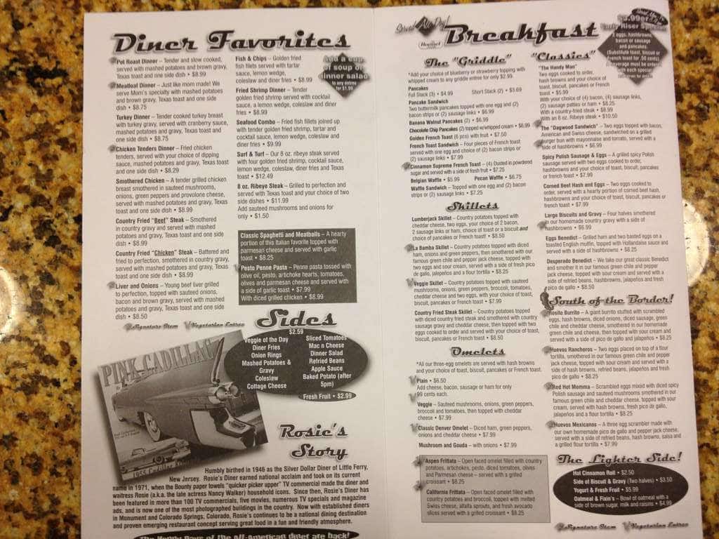 Menu at Rosie's Diner restaurant, Monument