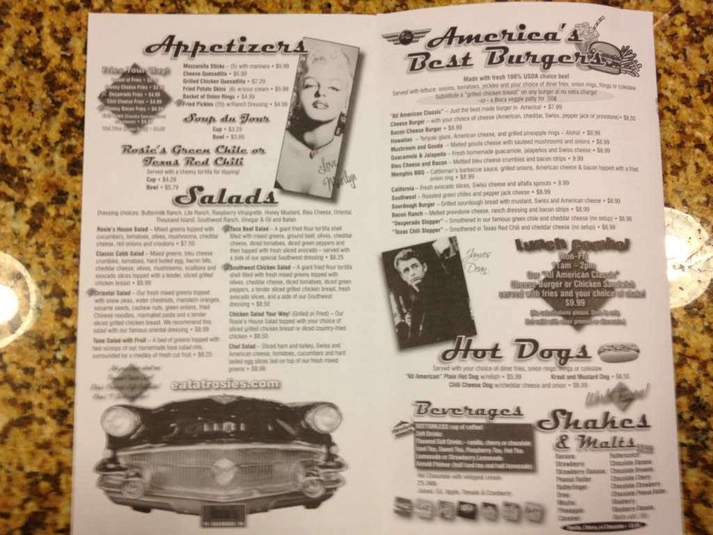 Menu at Rosie's Diner restaurant, Monument