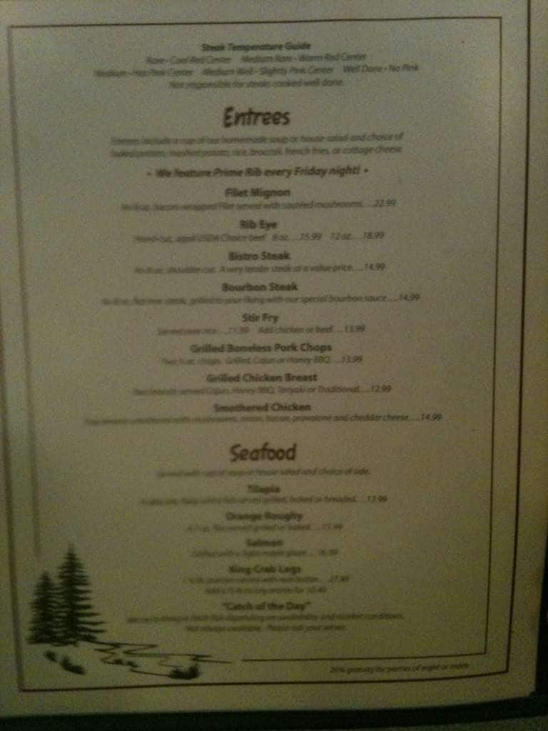 Menu at Creekside Lodge restaurant, Crawfordsville