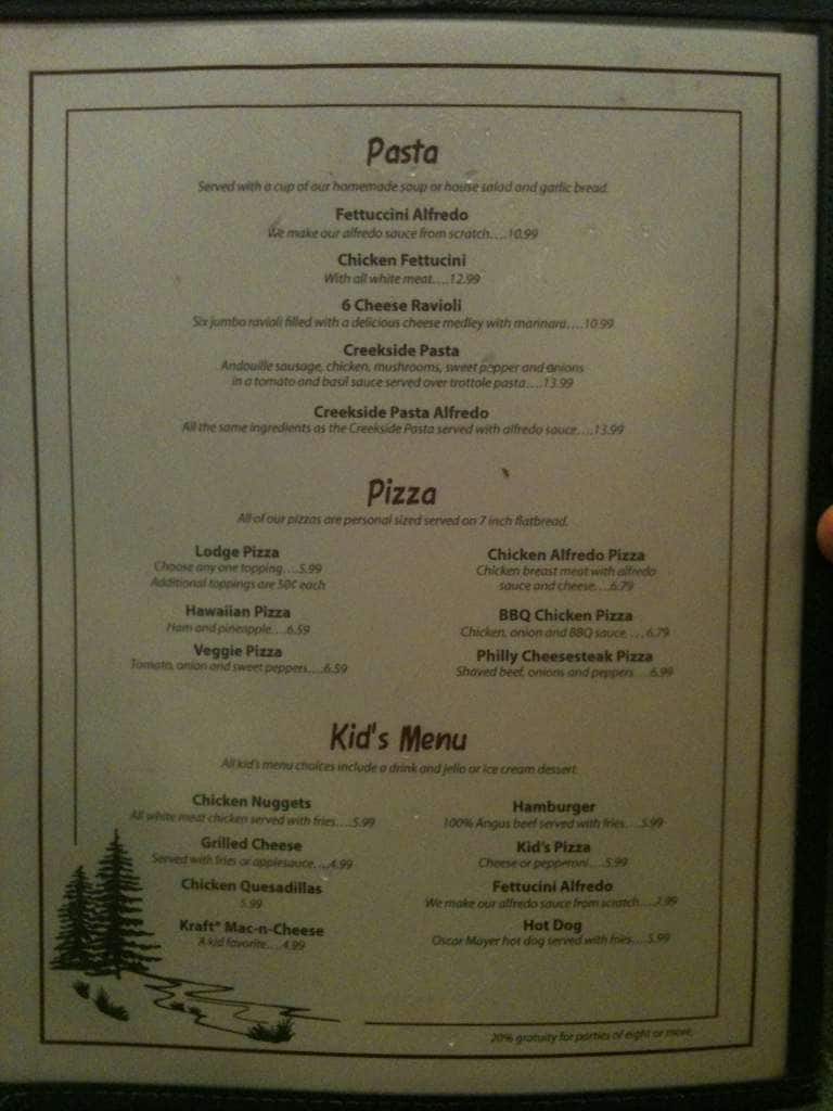 Menu at Creekside Lodge restaurant, Crawfordsville
