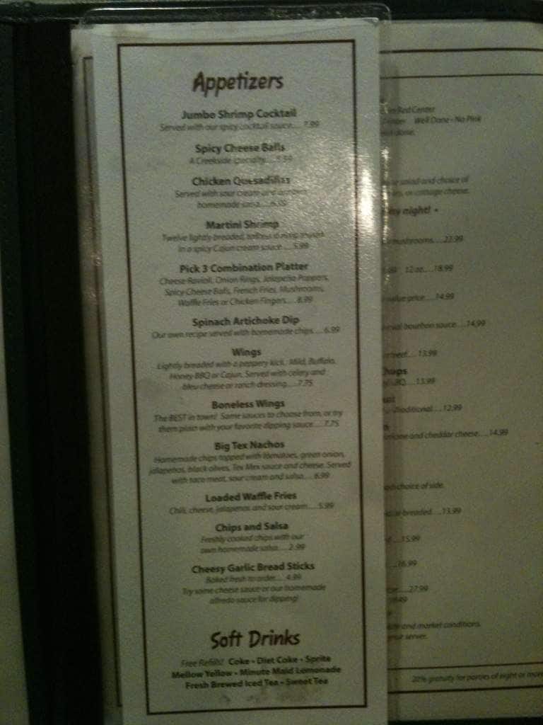Menu at Creekside Lodge restaurant, Crawfordsville