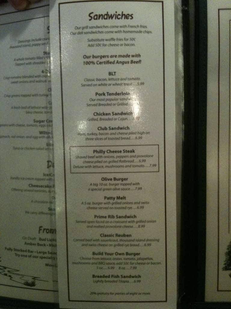 Menu at The Creekside Lodge restaurant, Crawfordsville