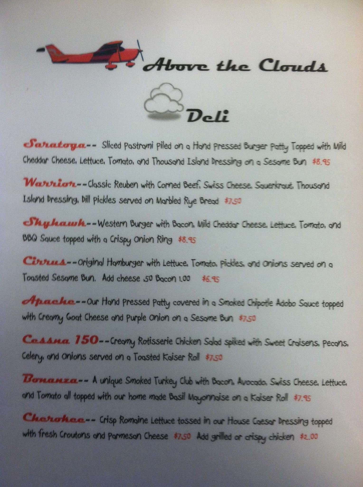 Above The Clouds Deli Menu, Menu for Above The Clouds Deli, San Angelo ...