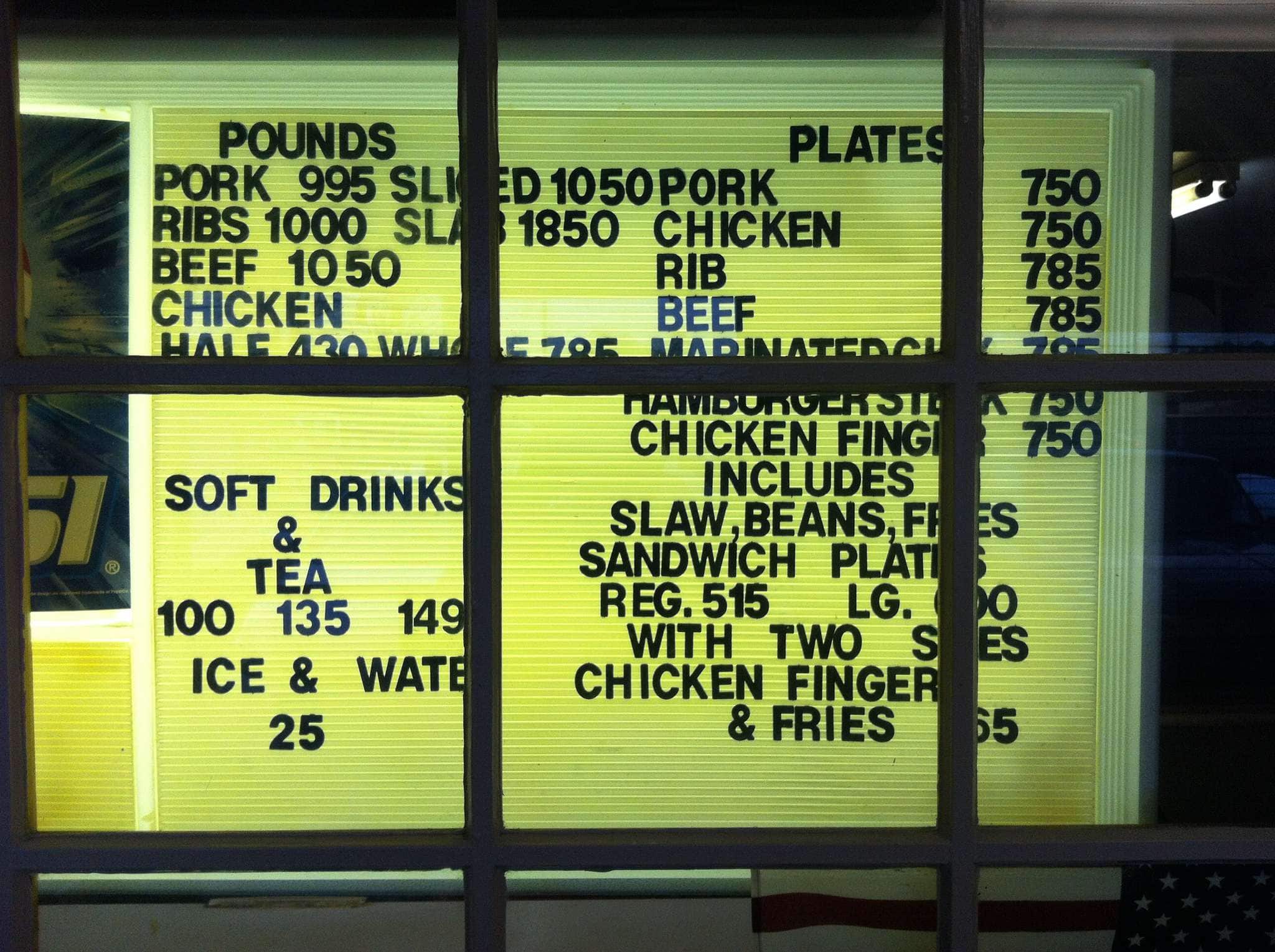Menu at Hicks Barbeque, Northport, US-43