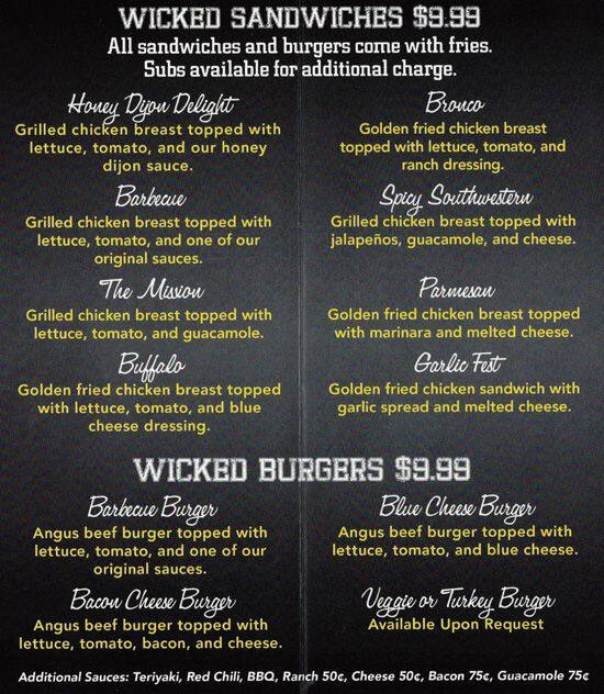 Menu at Wicked Chicken pub & bar, Santa Clara