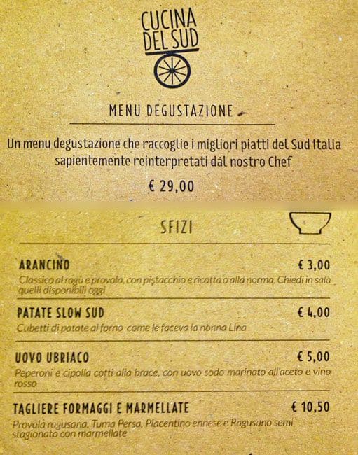 Menu at Slow Sud restaurant, Milan, Via delle Asole