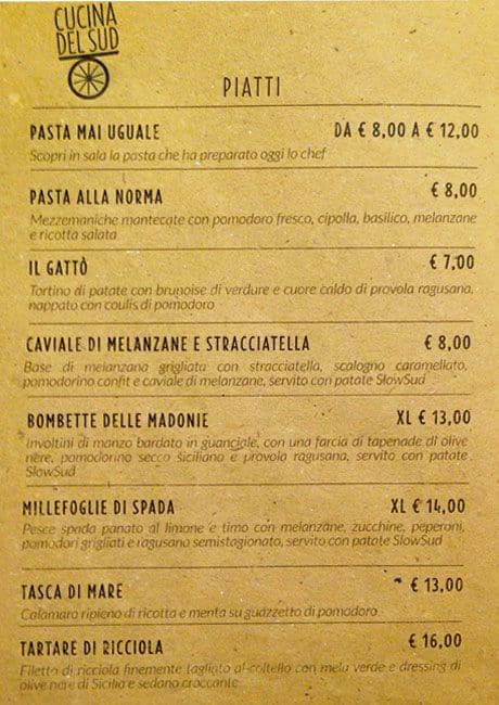 Menu at Slow Sud restaurant, Milan, Via delle Asole