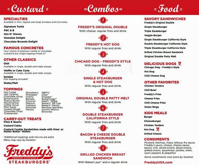 Menu at Freddy's Frozen Custard & Steakburgers fast food, Evansville, N ...