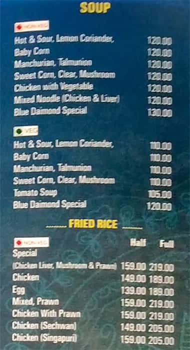 Menu of Blue Diamond Restaurant, Sakchi, Jamshedpur