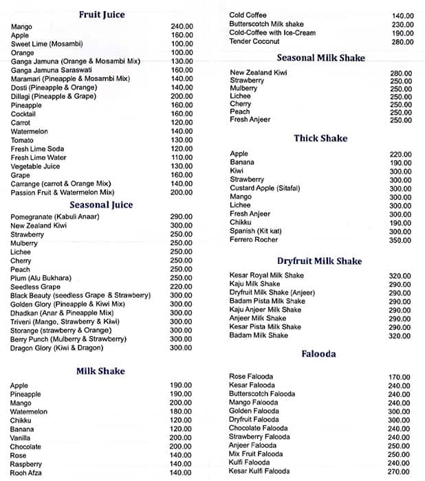 Menu of Haji Ali Juice Centre, Pali Hill, Bandra West, Mumbai