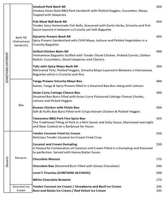 Menu of Pan Asia, Erandwane, Pune