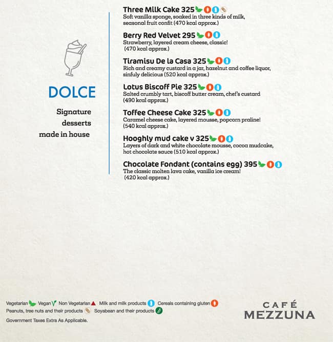 Menu at Cafe Mezzuna, Kolkata, Shop No. 401 – 402
