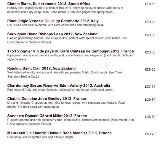 Menu at Zen China restaurant, London