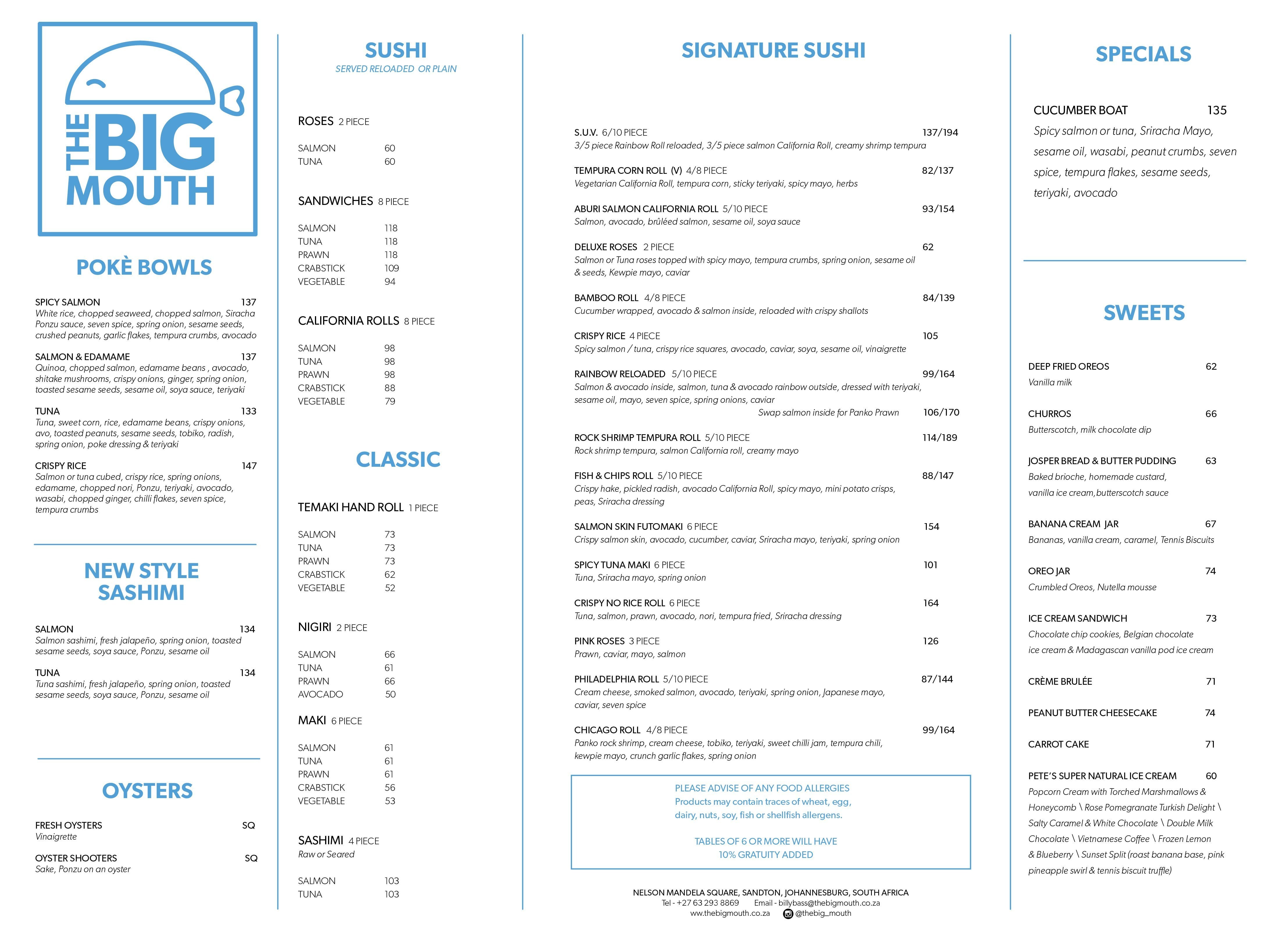 Menu at Big Mouth Restaurant sandton, Sandton