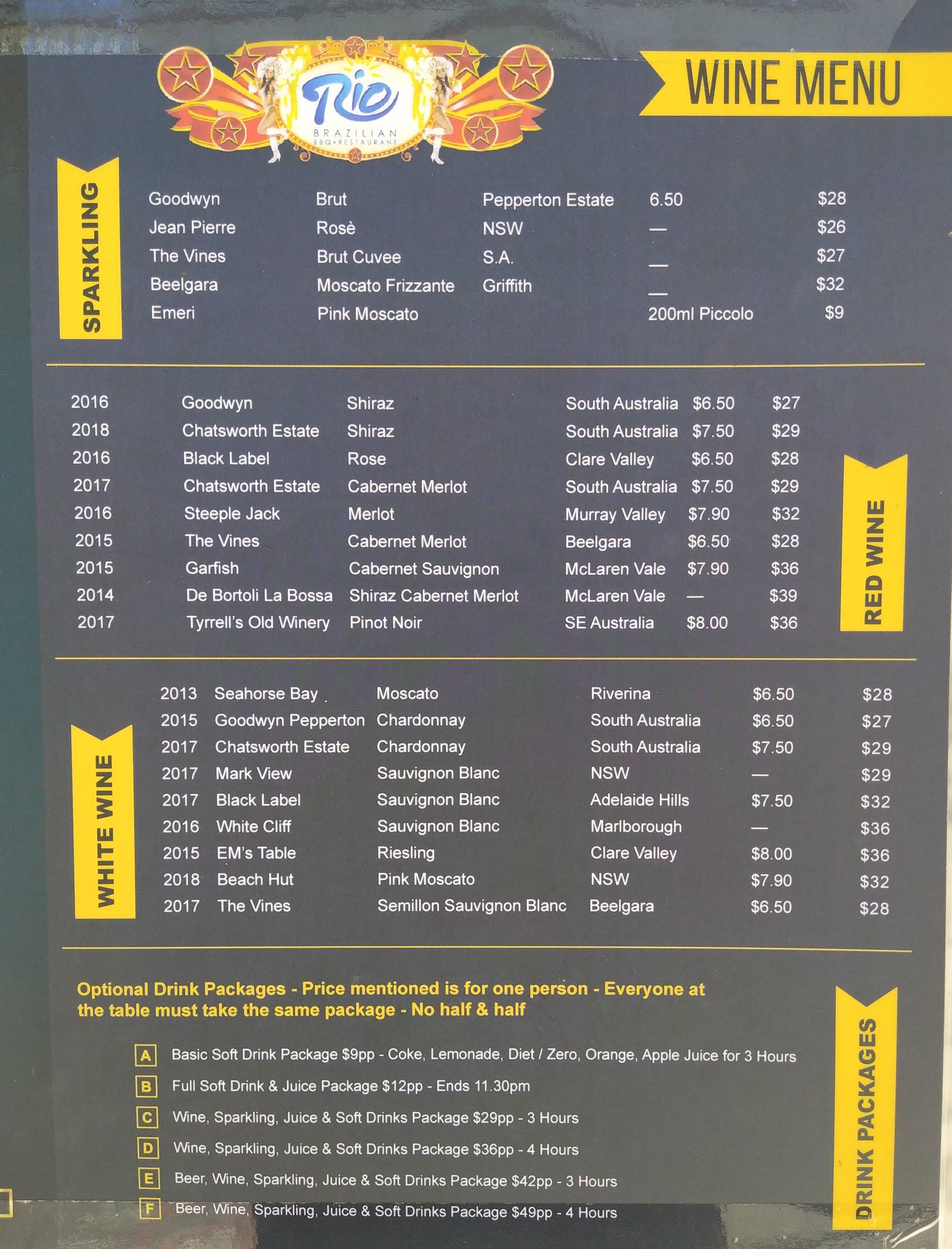 Menu at New Rios restaurant, Parramatta