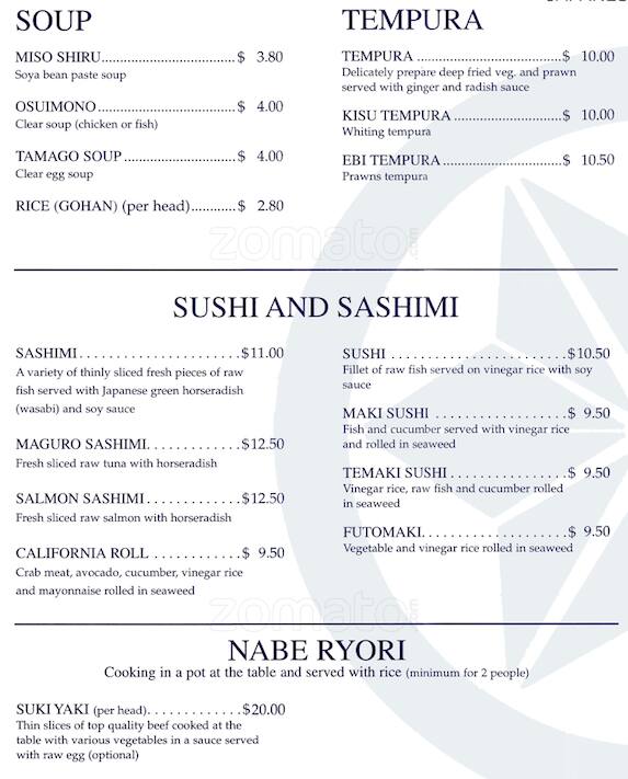 Menu at Japan Inn restaurant, Beaumaris