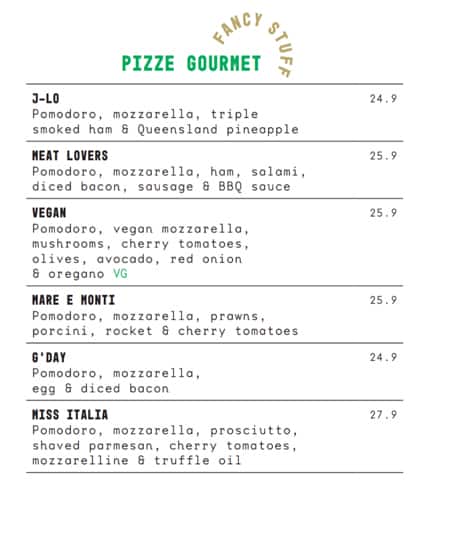 Menu at Woodstock pizzeria, Brunswick East, 63 Lygon St