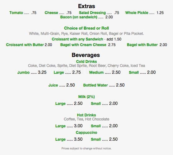 Menu at Boloney's restaurant, Barrington