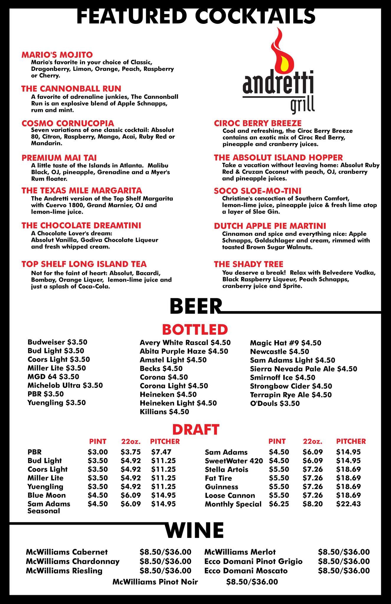 Menu at Andretti Indoor Karting & Games cafe, Roswell