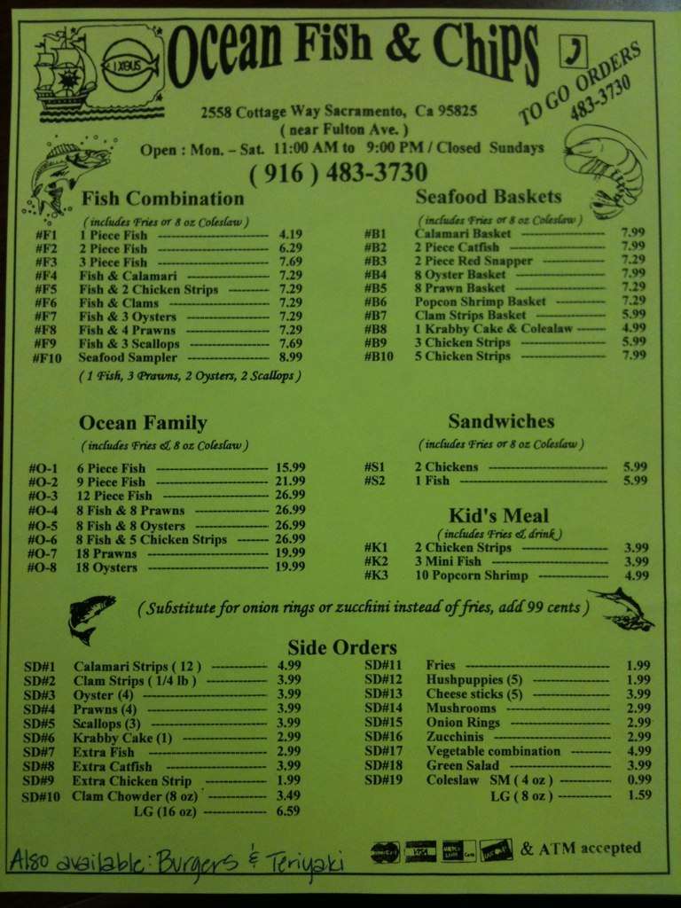 Menu at Ocean Fish & Chips. restaurant, Sacramento, Cottage Way