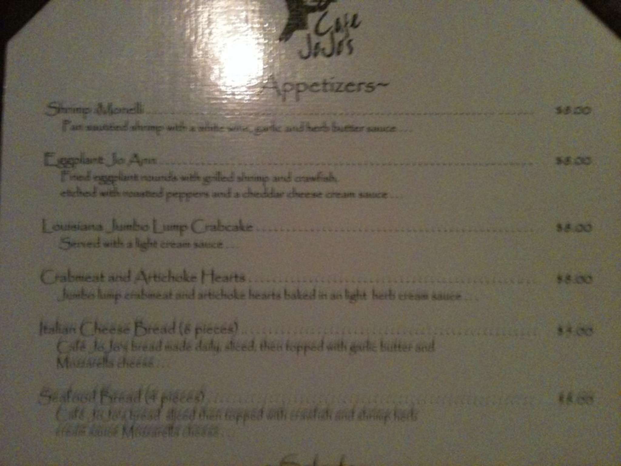Menu at Cafe Jojo's, Morgan City
