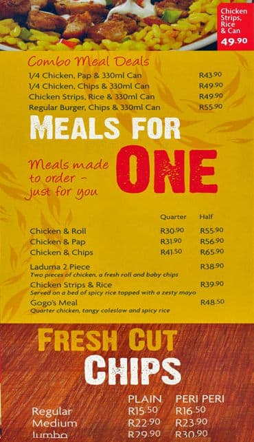 Menu at Galitos, Nelspruit