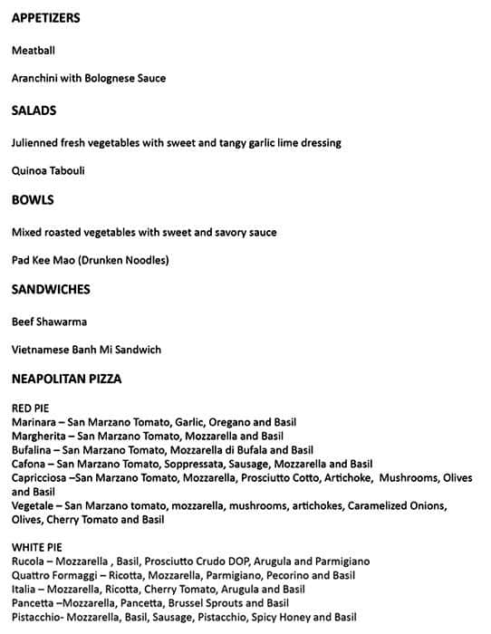 Menu at Pangea pizzeria, Evansville