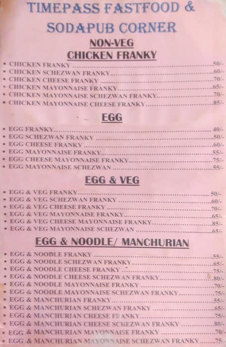 Menu at Time Pass Fast Food & Soda Pub Corner, Mumbai