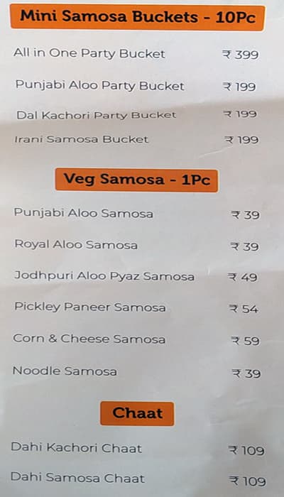 Menu at Samosa Party, Gurugram, Plot no 8