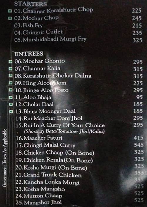 Menu of Oh! Calcutta, Koramangala 7th Block, Bangalore