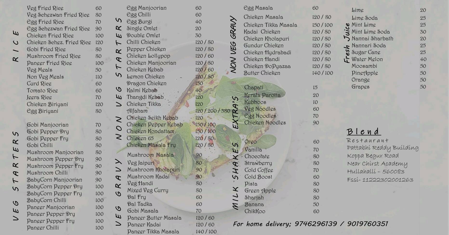 Menu of Blend, Bommasandra, Bangalore