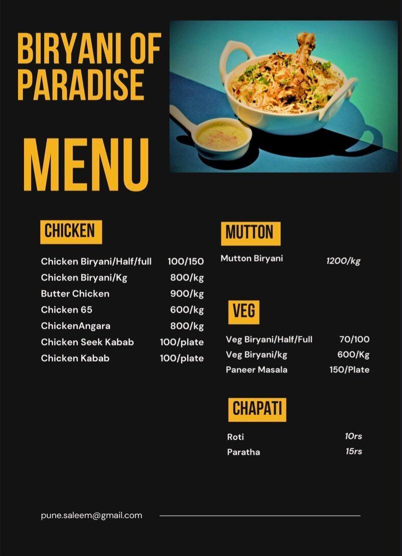 Menu of Paradise Biryani Centre, Pimpri, Pune Menu of Paradise Biryani Centre, Pimpri, Pune