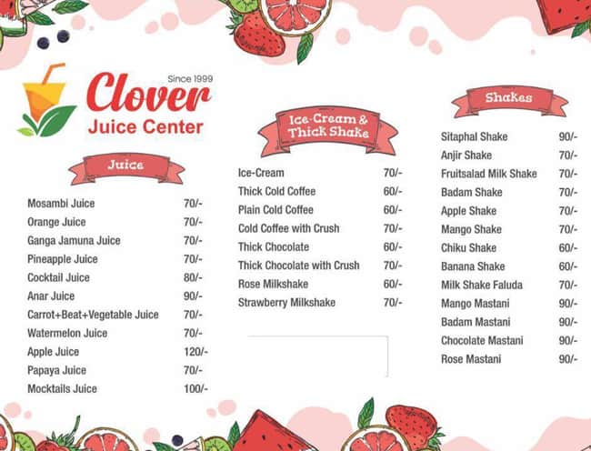 Menu of Clover Juice Center, Camp Area, Pune