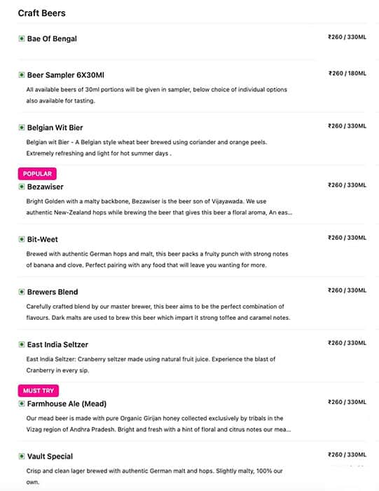Menu of Vault Brewery, Gurunanak Colony, Vijayawada