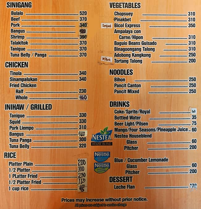 Menu at LZM Restaurant, Tagaytay, 2F Magallanes Square