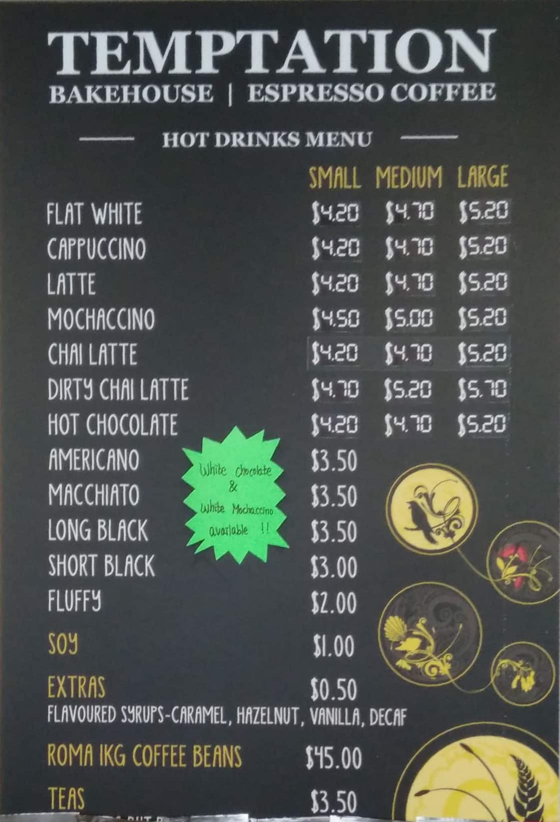 Menu at Temptation Bakehouse & Cafe, Auckland, 83 Ellice Rd