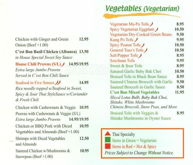 Menu at C'est Bon Chinese Restaurant, Toronto, Yonge St