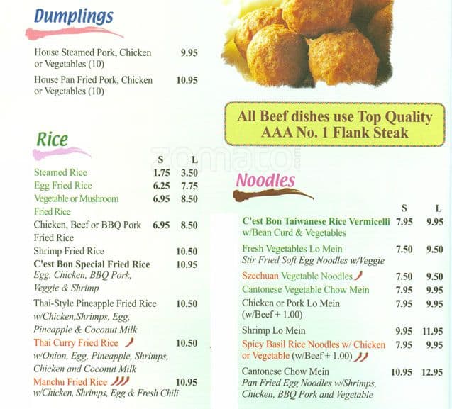 Menu at C'est Bon Chinese Restaurant, Toronto, Yonge St