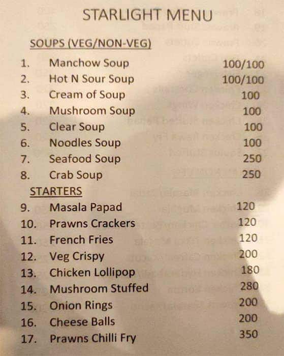 Menu of Star Light, Cavelossim, Goa