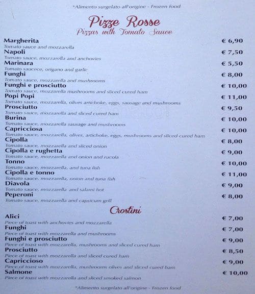 Menu at Popi Popi pizzeria, Rome, Via delle Fratte di Trastevere