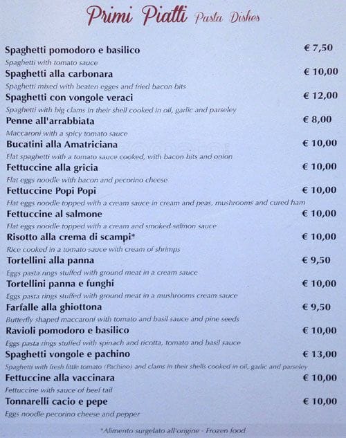 Menu at Popi Popi pizzeria, Rome, Via delle Fratte di Trastevere