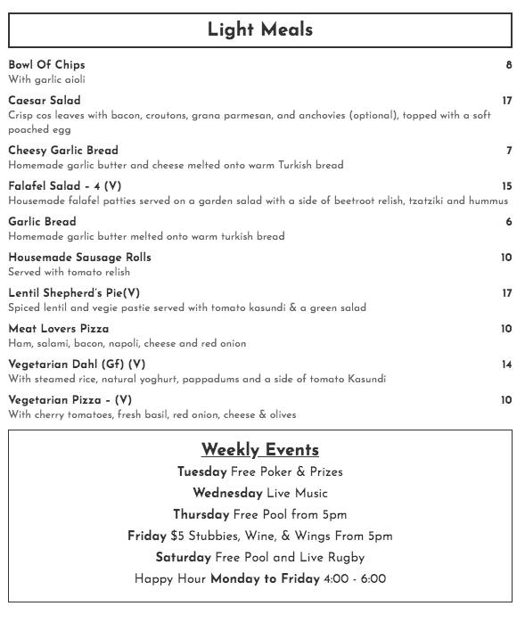 Menu at Maori Chief Hotel pub & bar, South Melbourne