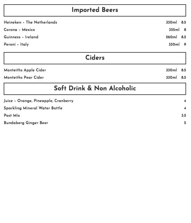 Menu at Maori Chief Hotel pub & bar, South Melbourne