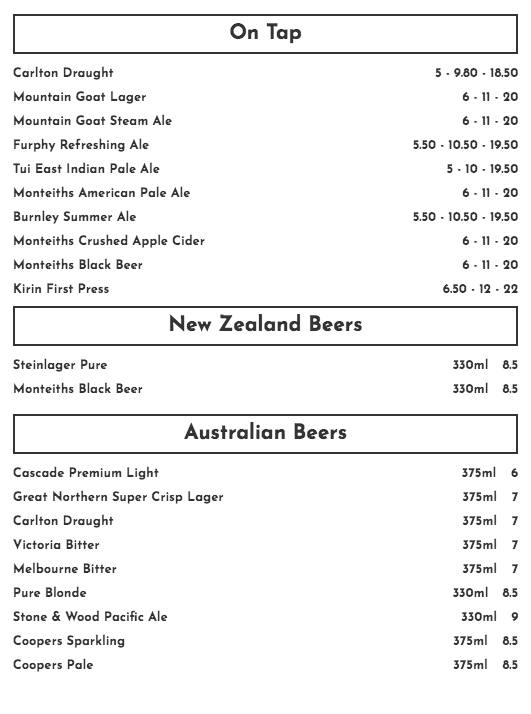 Menu at Maori Chief Hotel pub & bar, South Melbourne