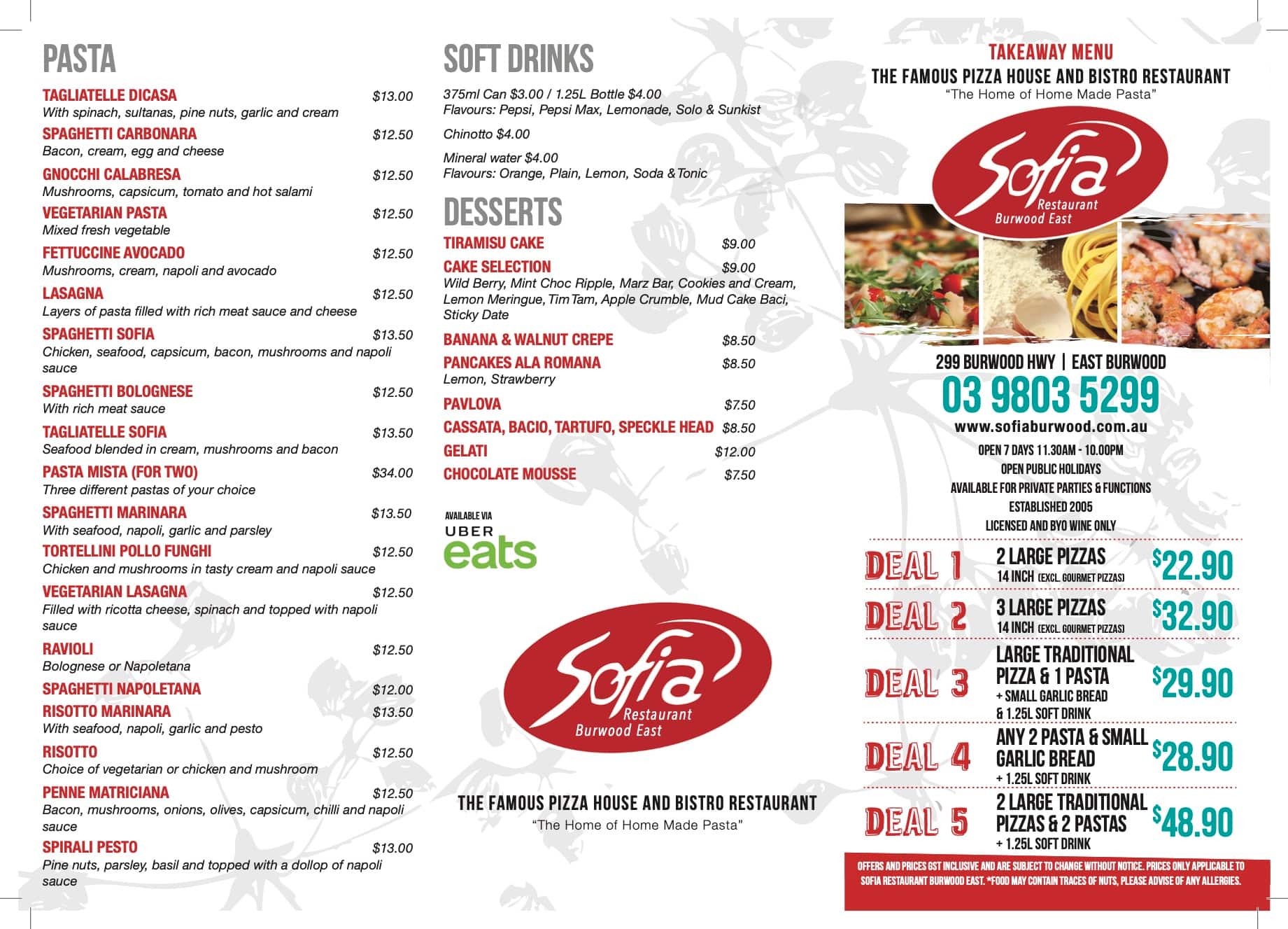 Menu at Sofia's Restaurant, Burwood East