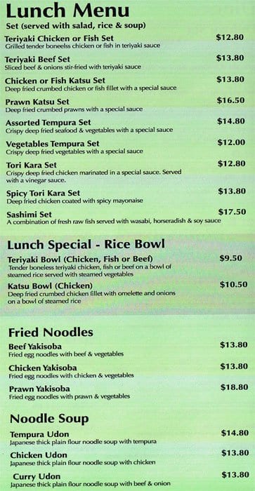 Menu at Taku Japanese Kitchen restaurant, Mandurah