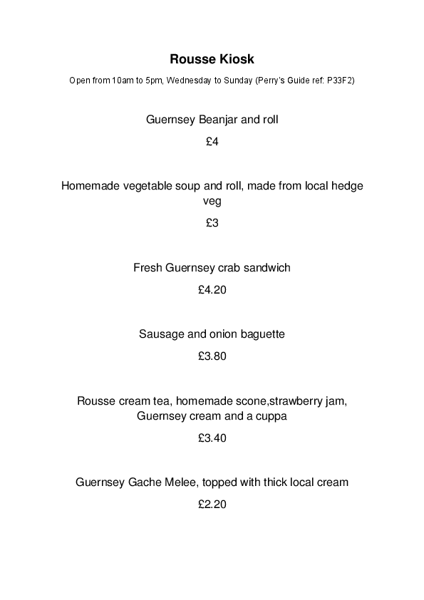 Rousse Kiosk Menu, Menu for Rousse Kiosk, Guernsey, South West England ...