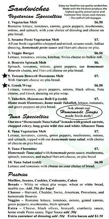 Menu at Cafe Arpeggio, Boston