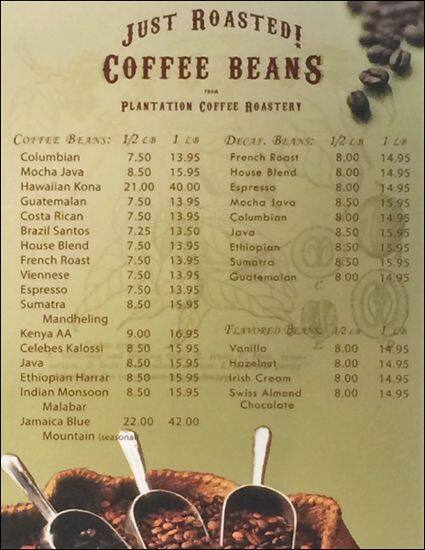 Menu at Plantation Coffee Roastery cafe, San Carlos, 668 Laurel St