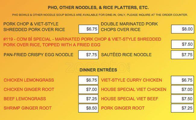 Menu at Hoa Hoa Restaurant, Austin